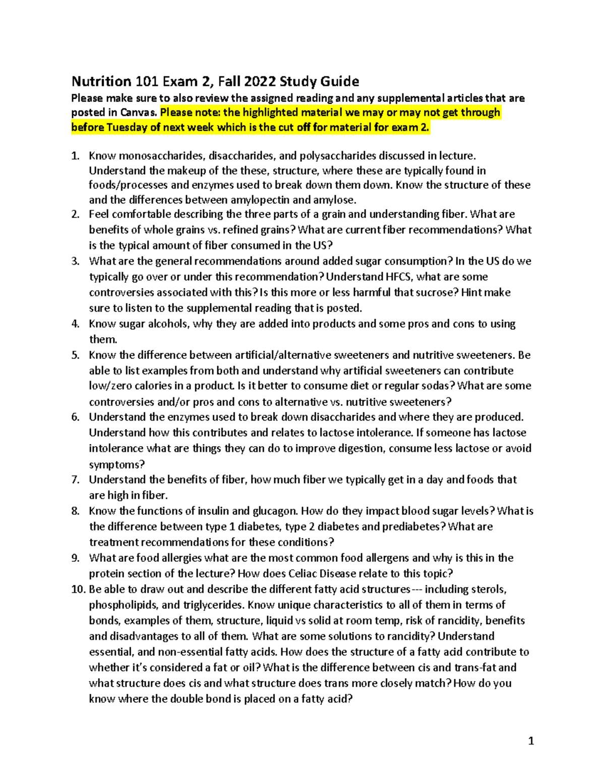 Nutrition 101 Exam 2 Study Guide Spr 22 - 1 Nutrition 101 Exam 2, Fall ...