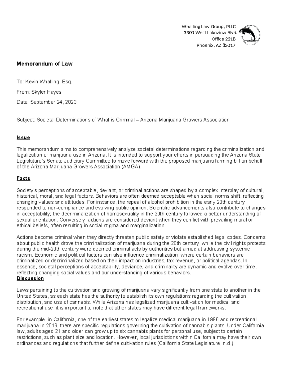 JUS430 T1 Memorandum of Law - Whalling Law Group, PLLC 3300 West ...