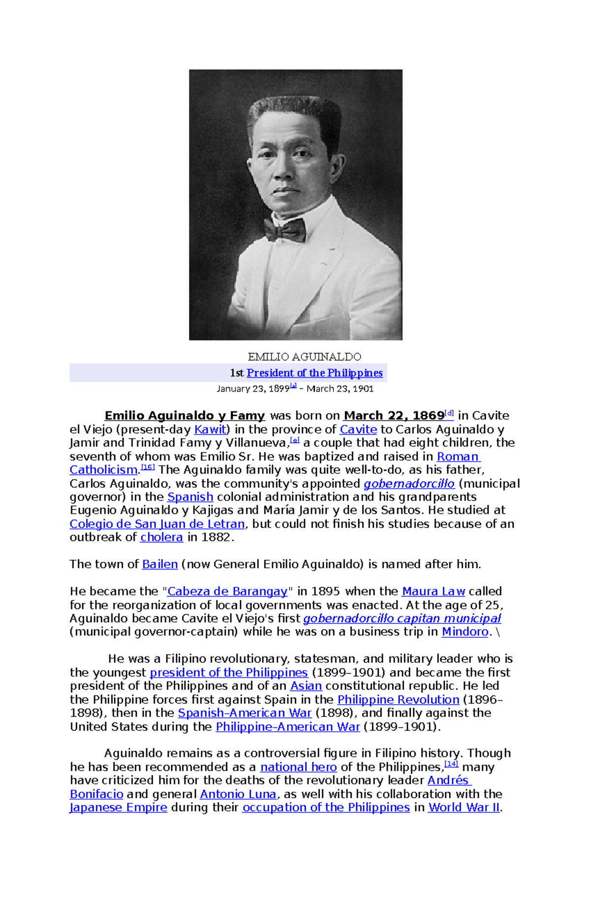 Philippine pres - Notes - EMILIO AGUINALDO 1st President of the ...