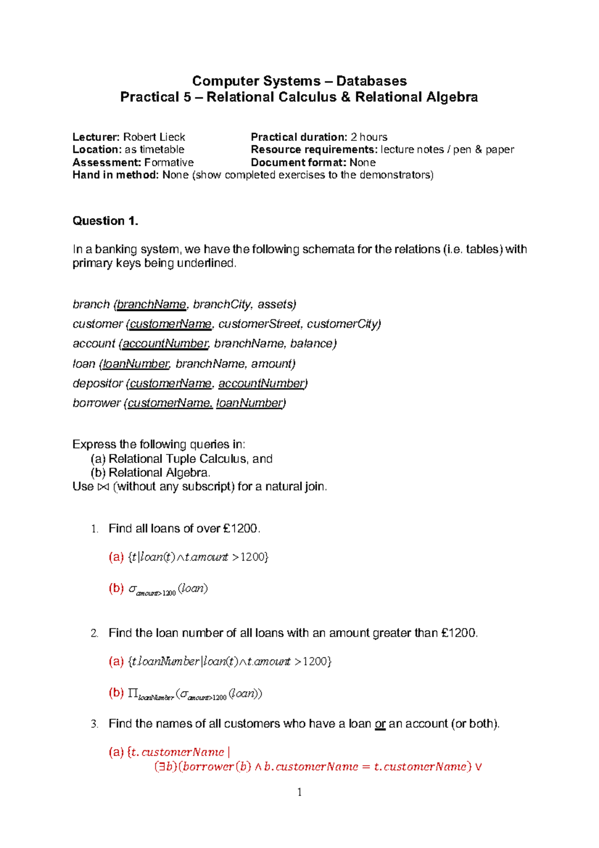 Databases Practical 5 Relational Calculus And Algebra With Answers Computer Systems