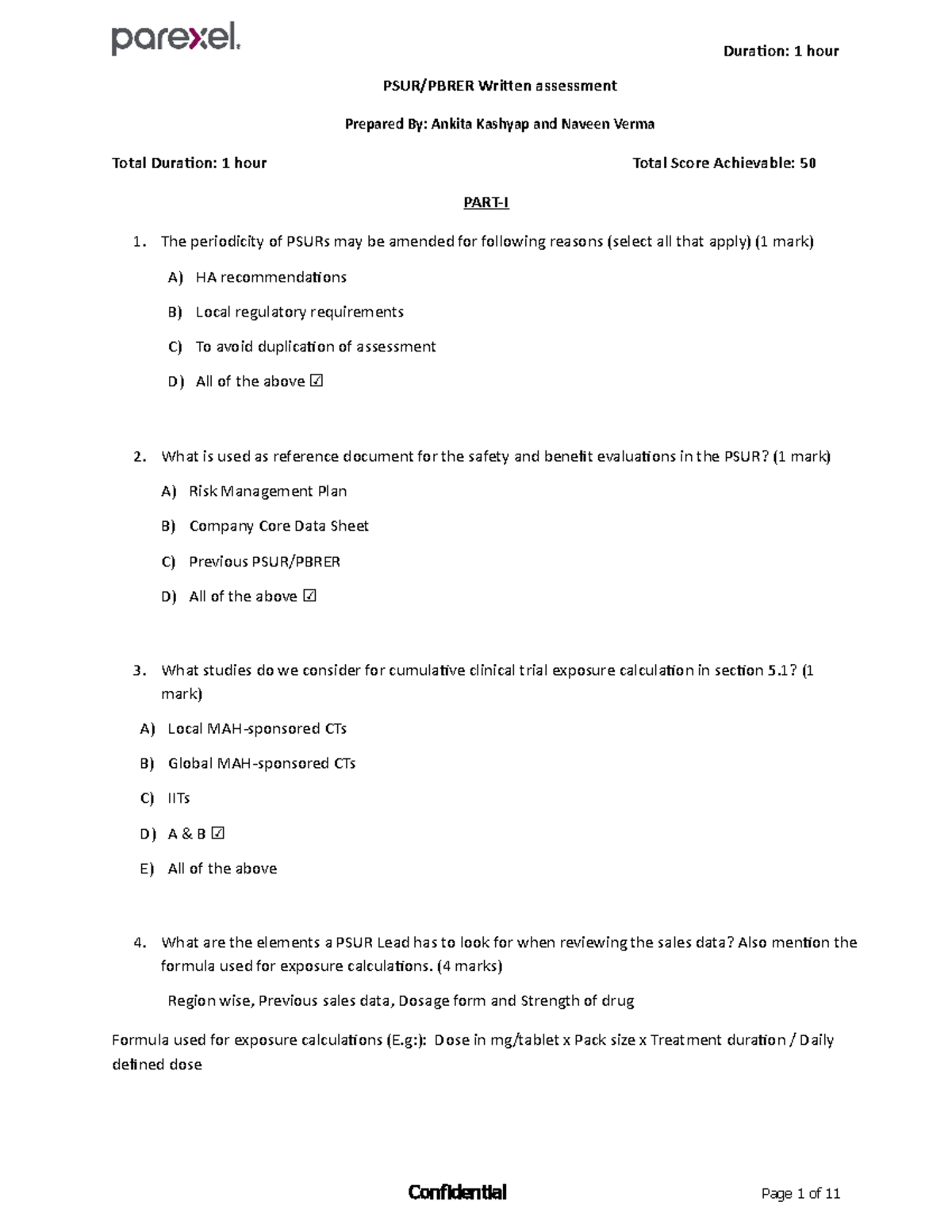 Test paper Pbrer PSUR 2023 - PSUR/PBRER Written assessment Prepared By ...