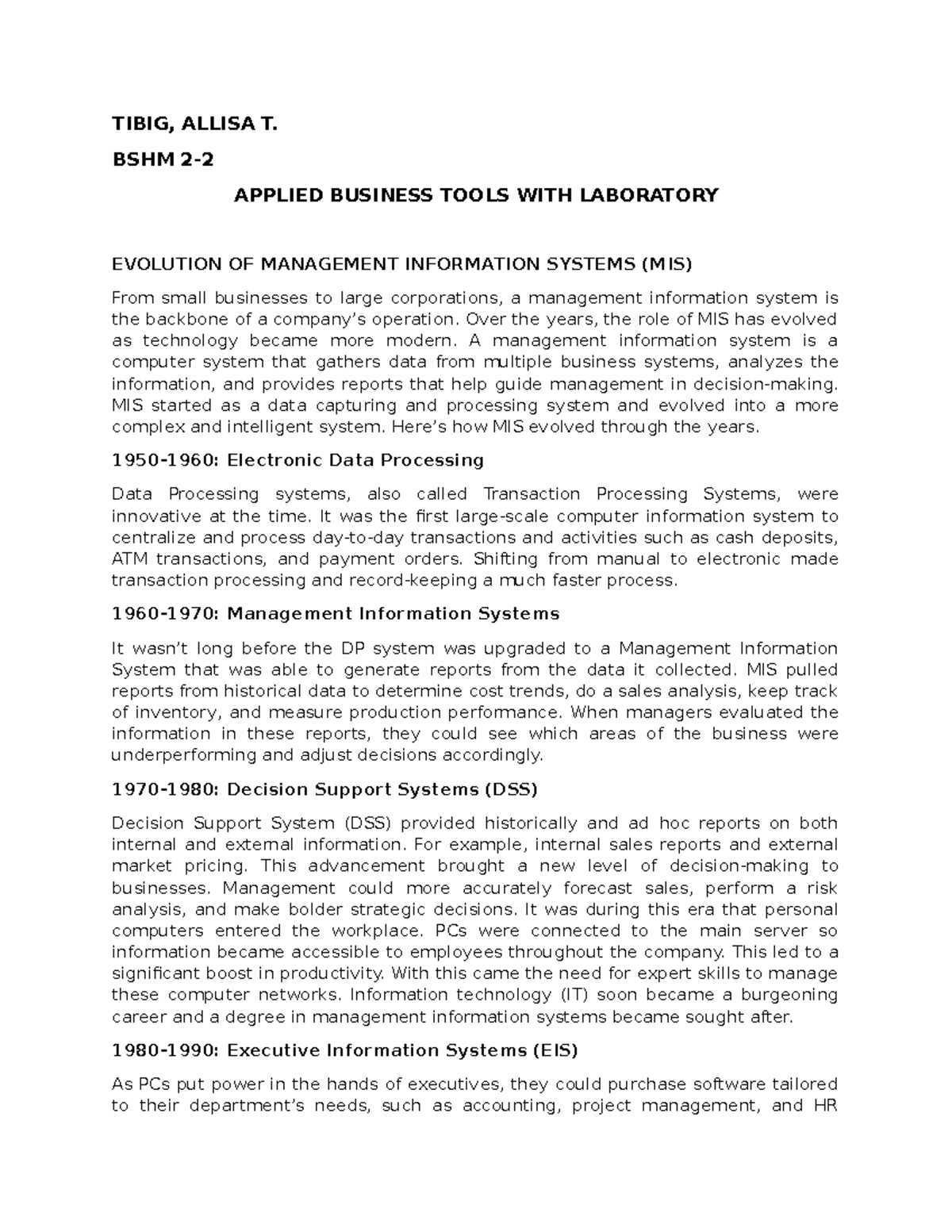 MIS - Yshsgs - TIBIG, ALLISA T. BSHM 2- APPLIED BUSINESS TOOLS WITH ...