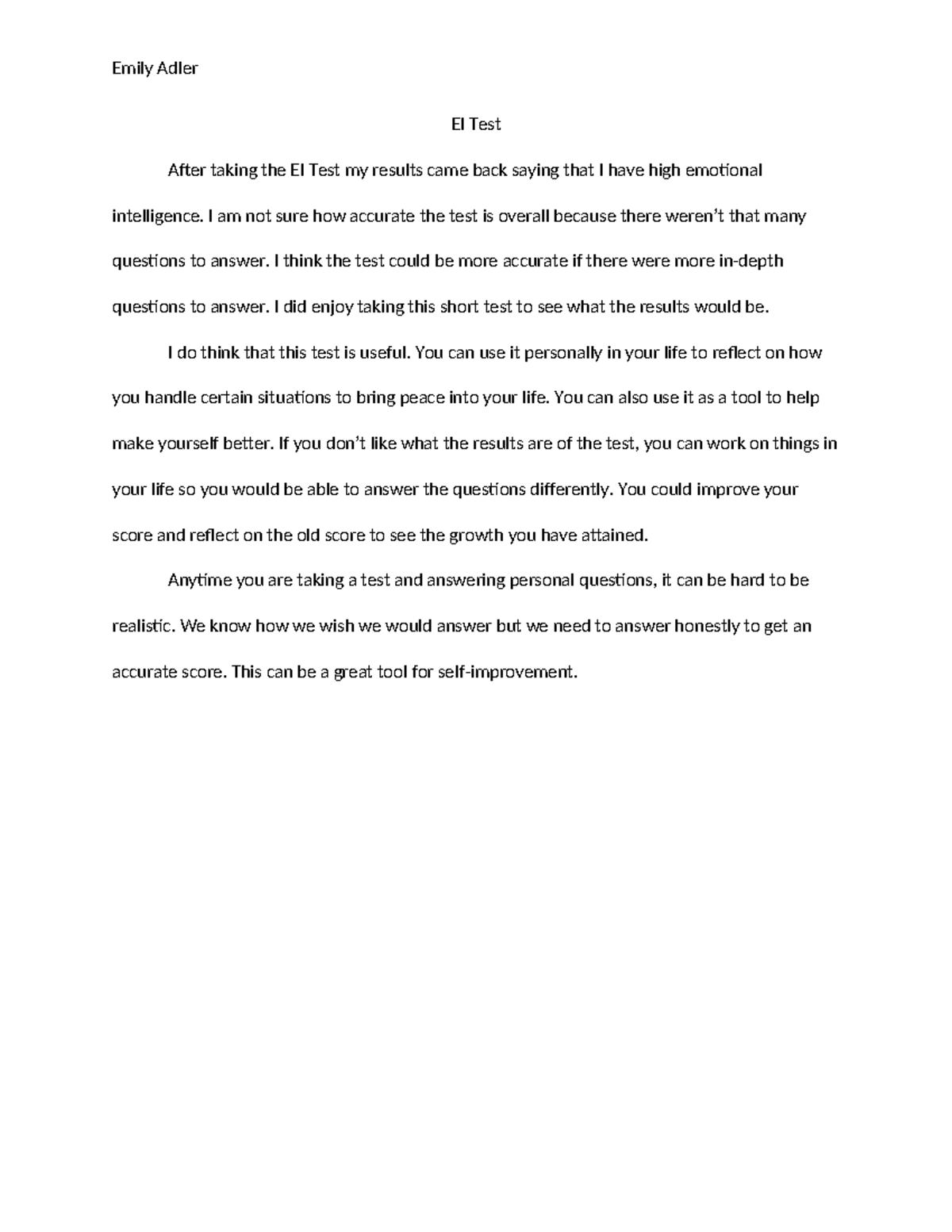 EI Test - Test - Emily Adler EI Test After taking the EI Test my ...
