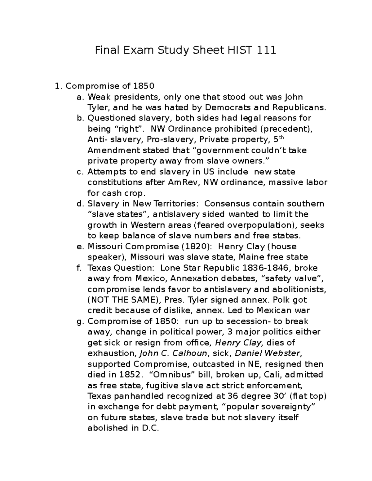 Final Exam Study Sheet from chapters 9,10, and 11 includes most lecture ...