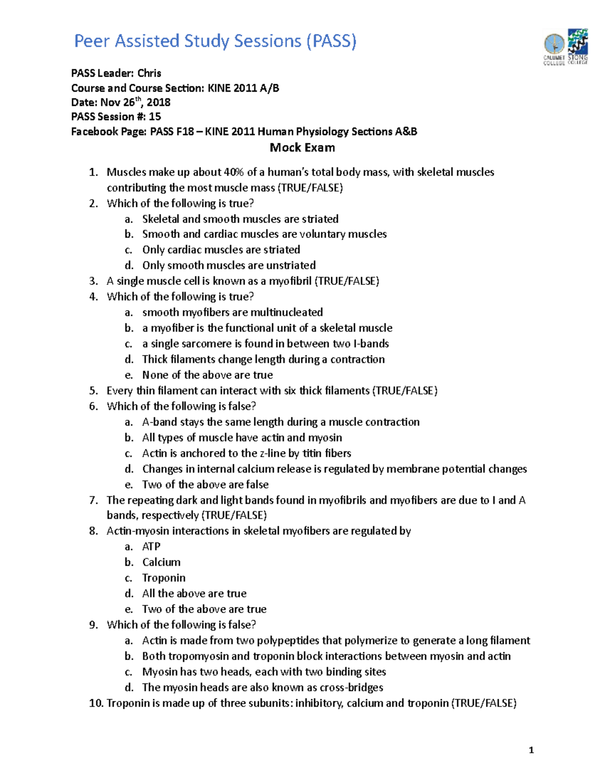KINE 2011 mock exam - Peer Assisted Study Sessions (PASS) PASS Leader ...