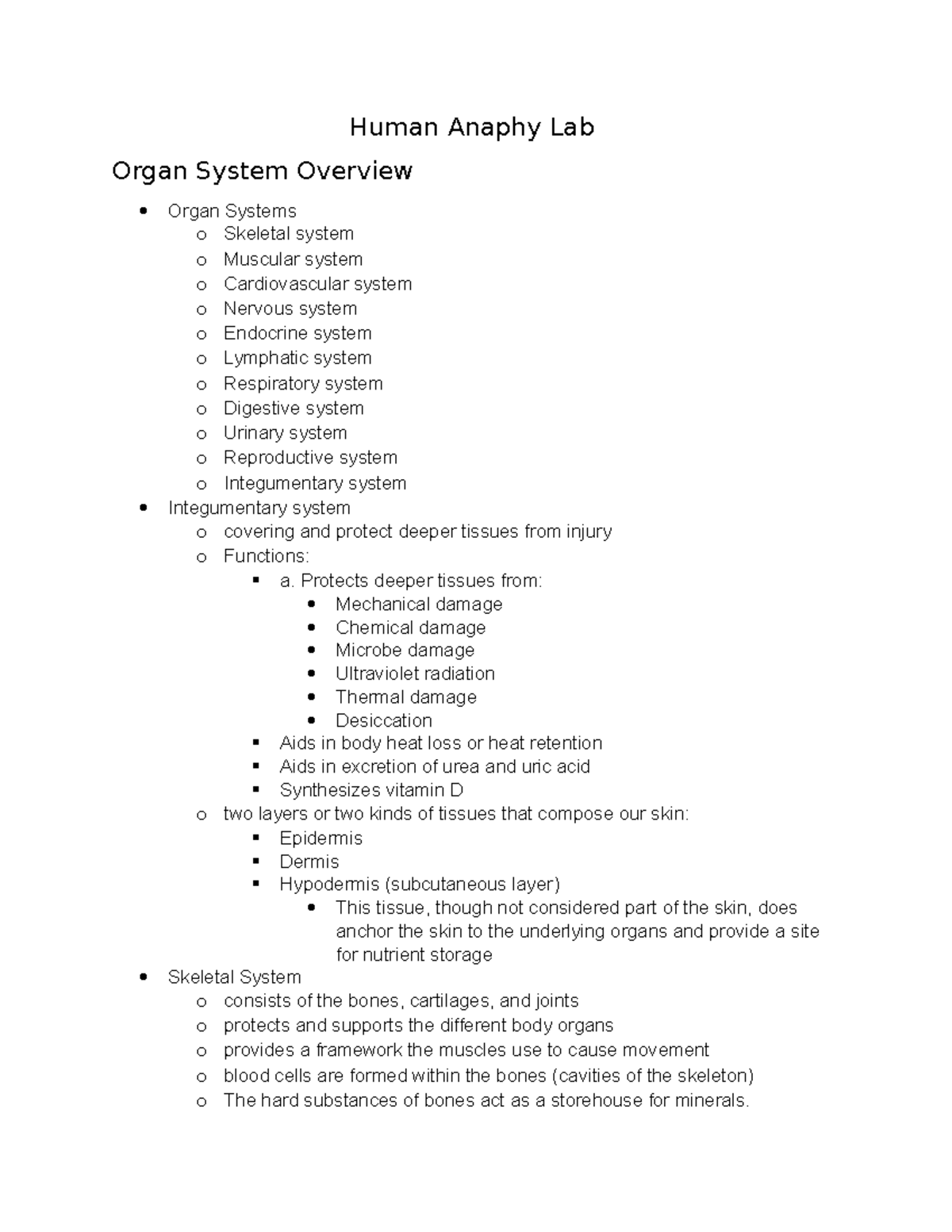 Human Anaphy Lab - First semester - Human Anaphy Lab Organ System ...