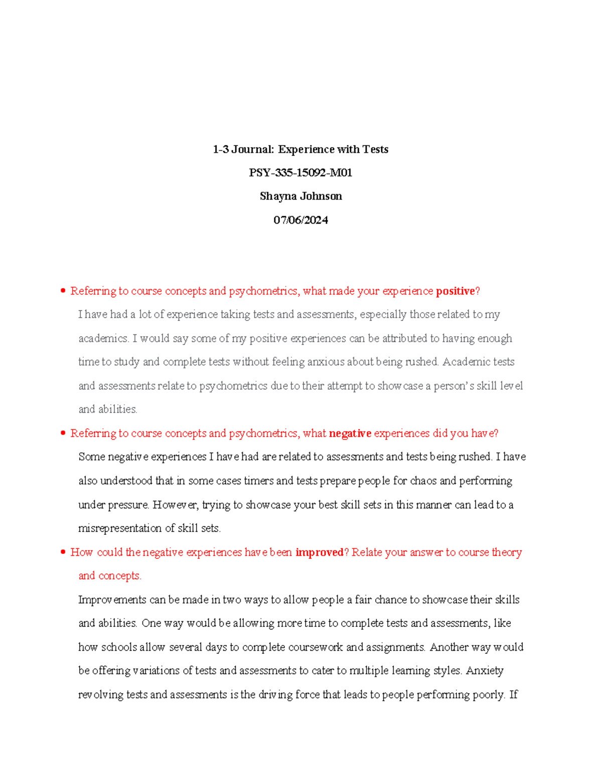 1-3 Journal Experience With Tests - 1-3 Journal: Experience with Tests ...