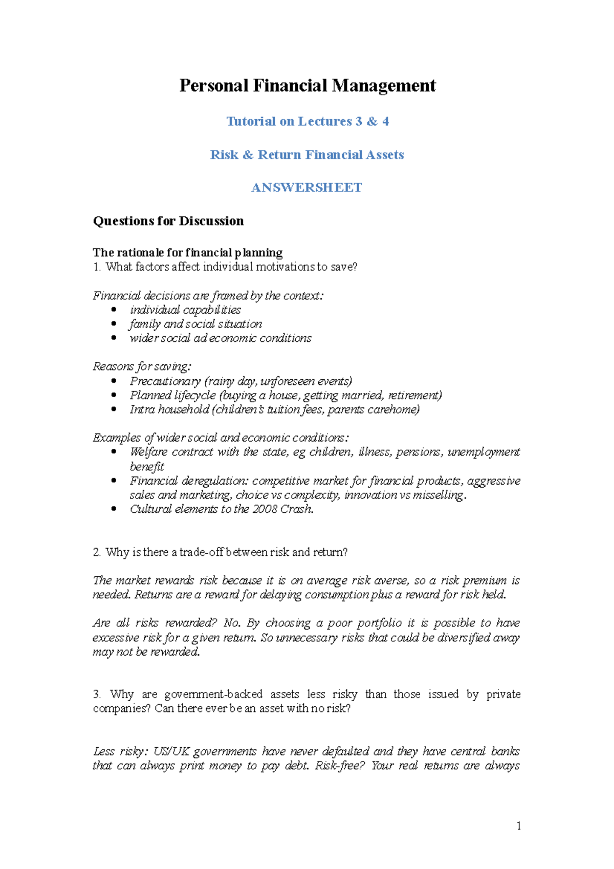 Tutorial work - 1-6 - questions and answers - Personal Financial ...