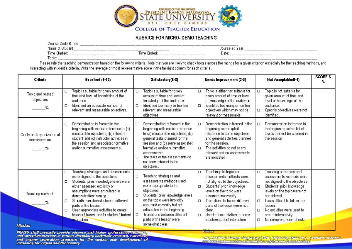 Micro-DEMO - Asdf - RUBRICS FOR MICRO- DEMO TEACHING Course Code ...