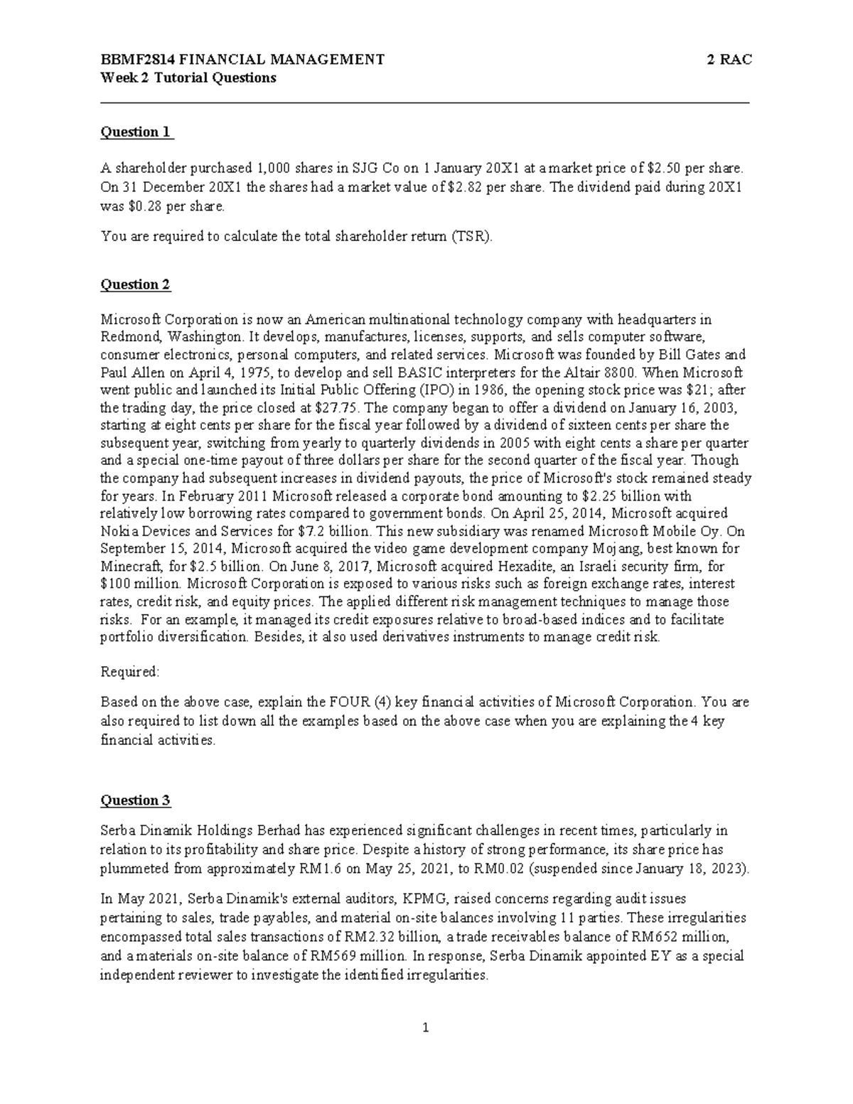 Tutorial Questions 1 - BBMF2814 FINANCIAL MANAGEMENT 2 RAC Week 2 Tutorial Questions 1 Question ...