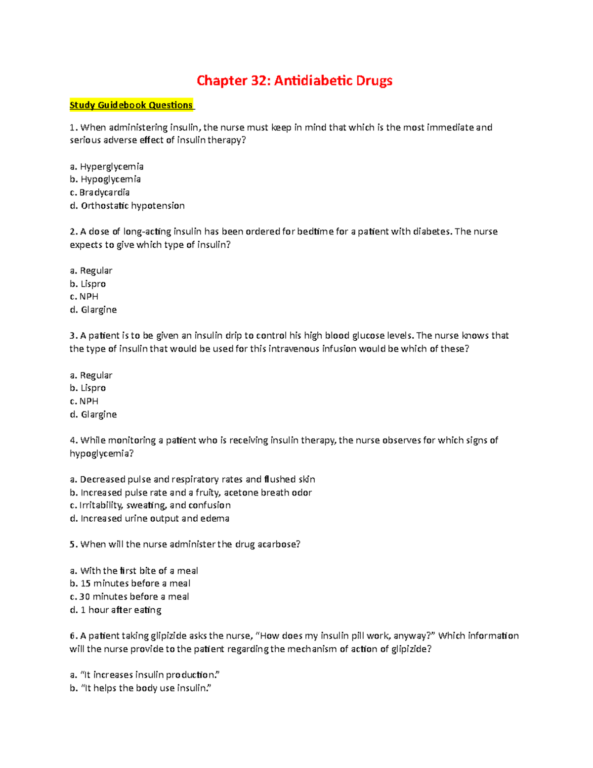 Chapter 32 Antidiabetic Drug Study Guide Questions - Chapter 32 ...