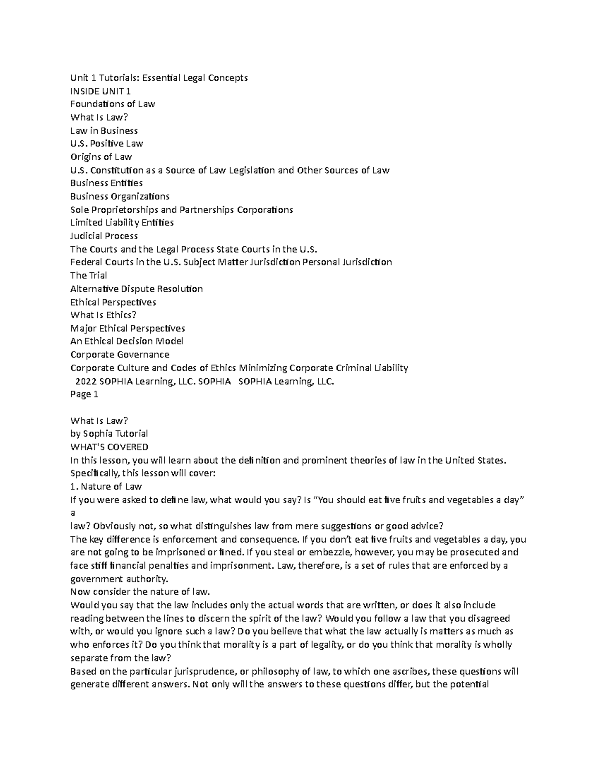2 sophia business law - Unit 1 Tutorials: Essential Legal Concepts ...