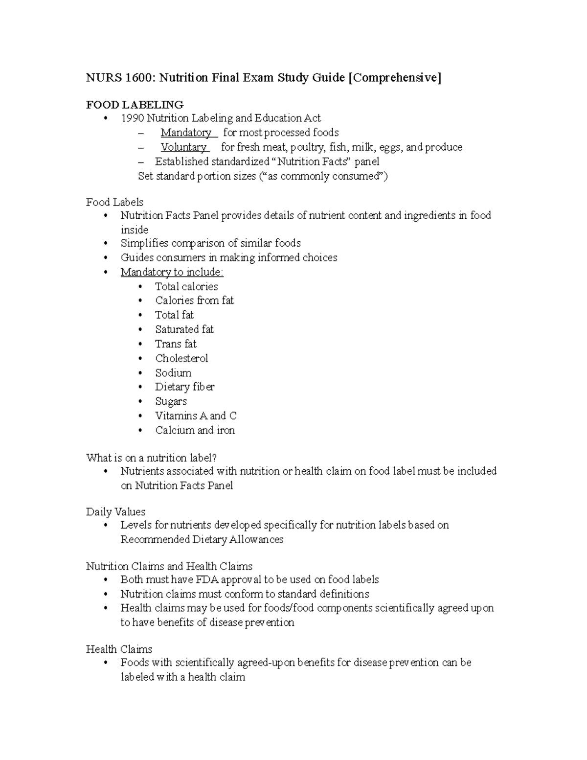 Intro to Nutrition Final Study Guide - NURS 1600: Nutrition Final Exam ...