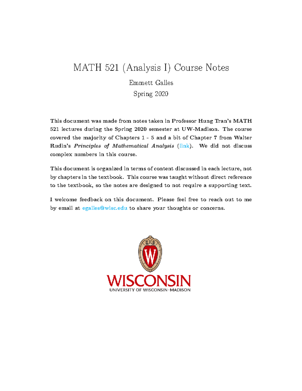 MATH 521 course notes - MATH 521 (Analysis I) Course Notes Emmett ...