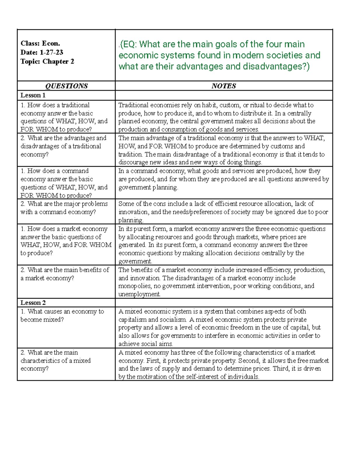 Economics Notes ch - Class: Econ. Date: 1-27- Topic: Chapter 2 : (EQ ...