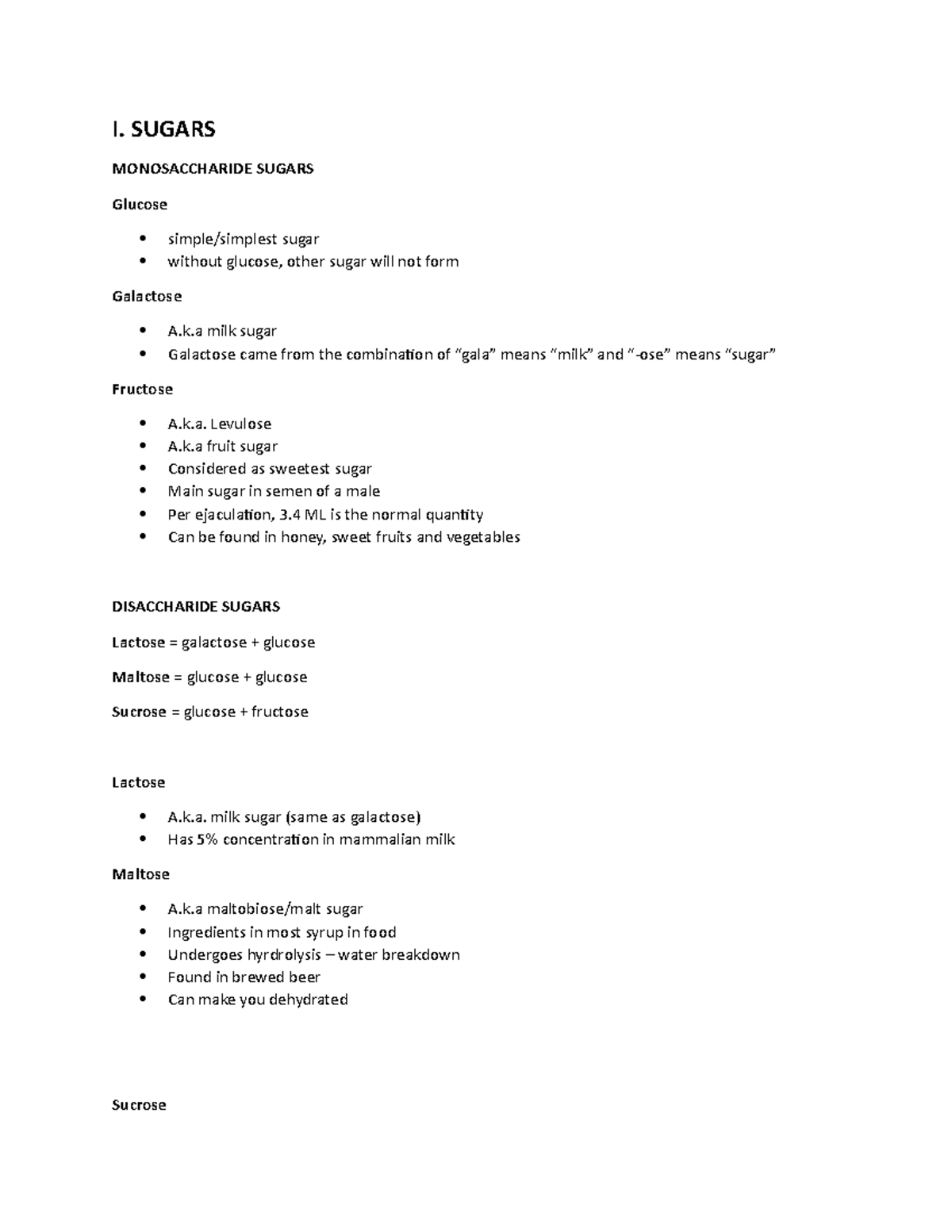 Basic Knowledge IN Biochem - I. SUGARS MONOSACCHARIDE SUGARS Glucose ...