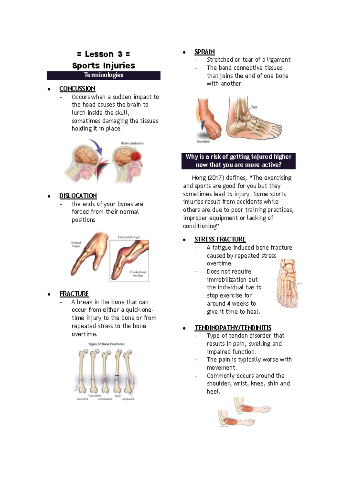 L3 Sports injuries - = Lesson 3 = Sports Injuries Terminologies ...