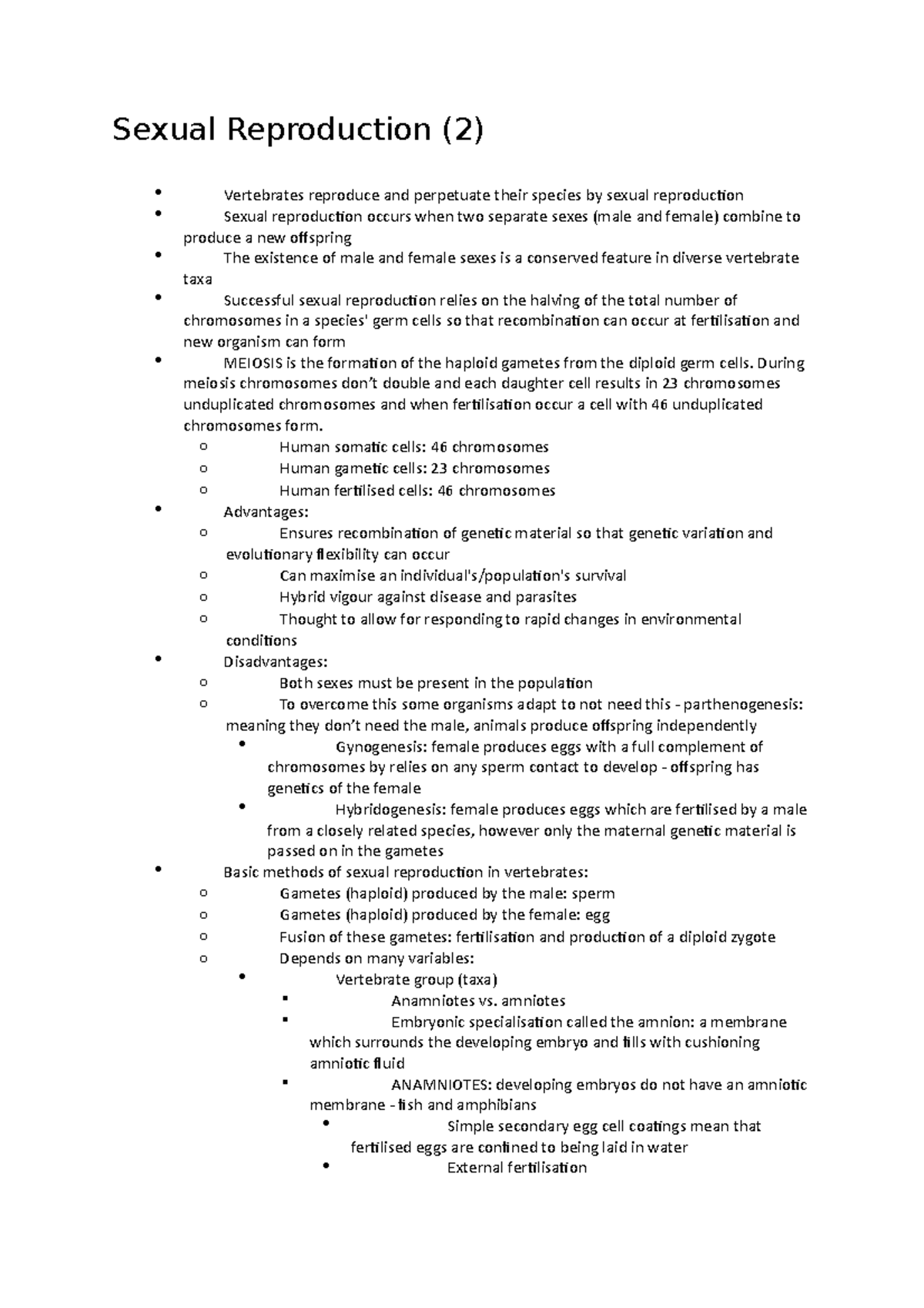 PHSI3010 Lecture Notes - Sexual Reproduction (2) Vertebrates reproduce ...