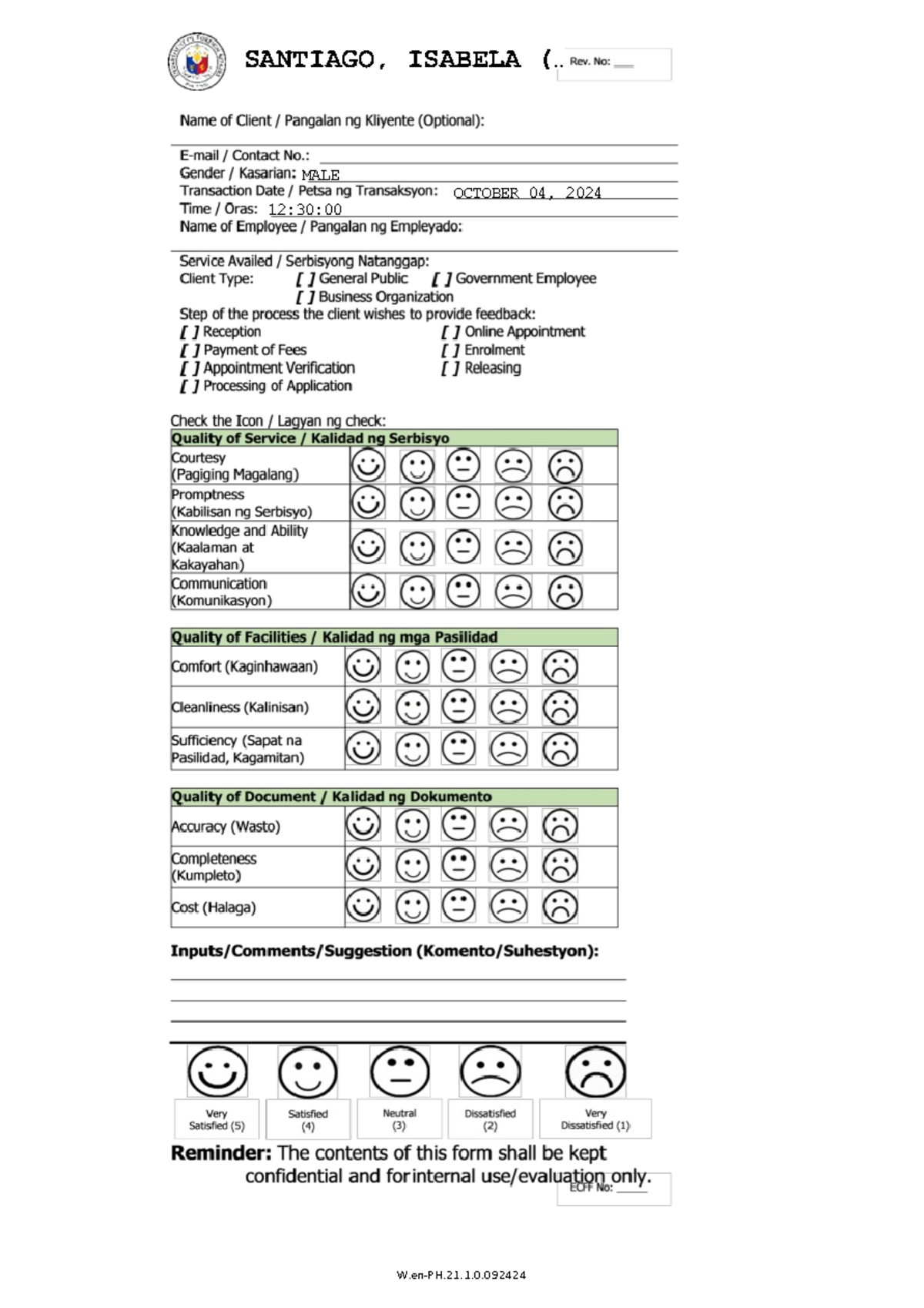 Feedback Form - xcfghjkl - SANTIAGO, ISABELA ( Rev. No: Name of Client ...