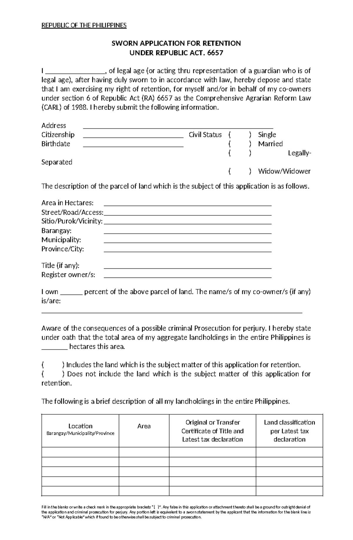 Sworn Application FOR Retention - REPUBLIC OF THE PHILIPPINES SWORN ...