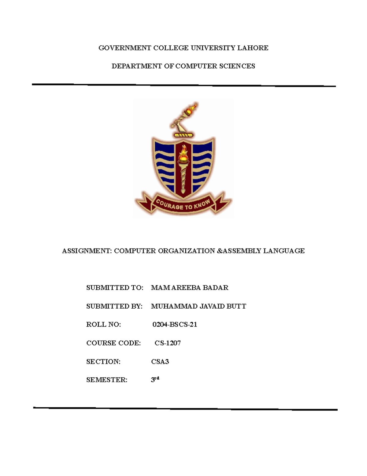 COAL LAB Assignment(0204-BSCS-21) - GOVERNMENT COLLEGE UNIVERSITY LAHORE DEPARTMENT OF COMPUTER ...