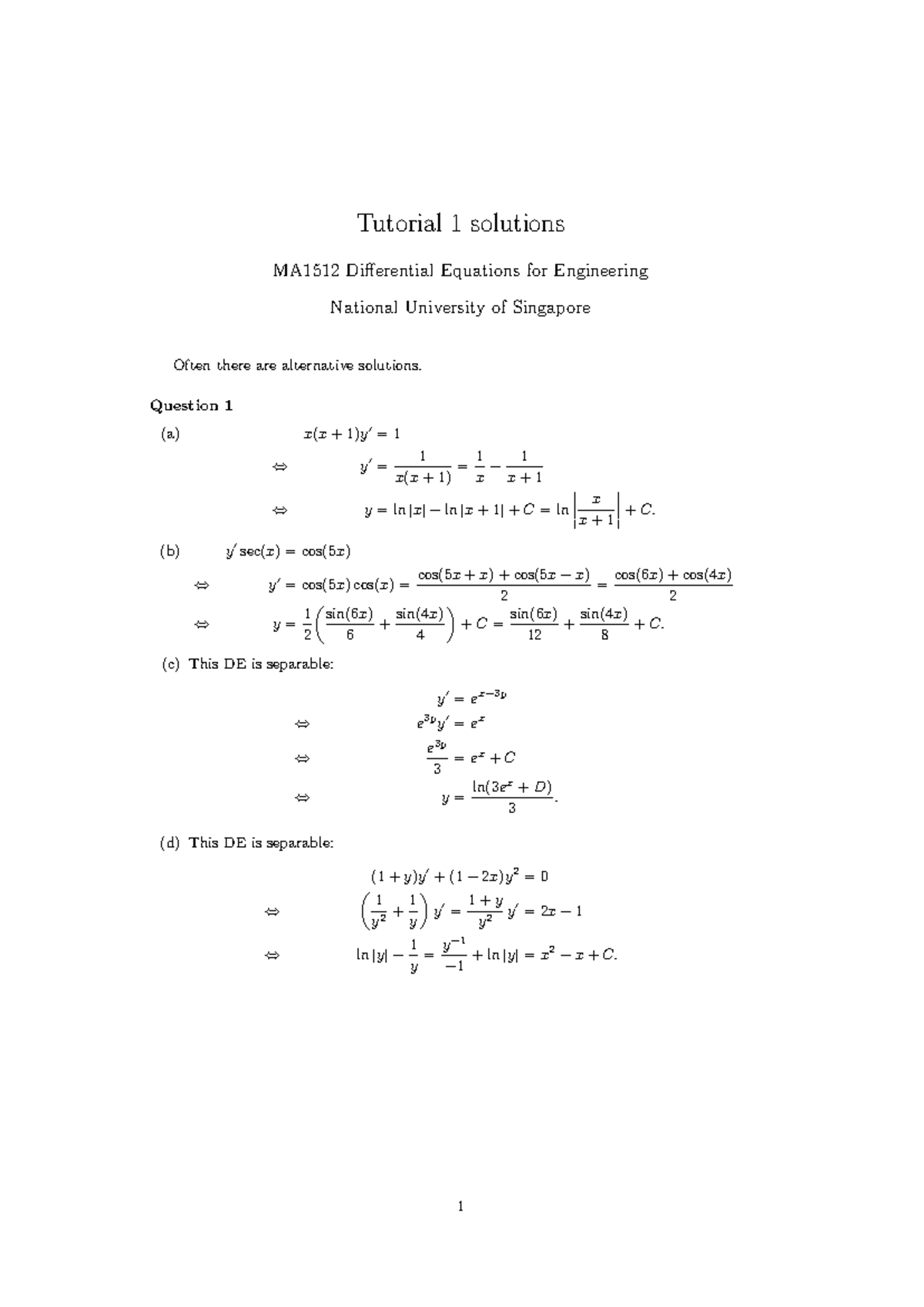 Tut1soln - Notes - Tutorial 1 solutions MA1512 Differential Equations ...