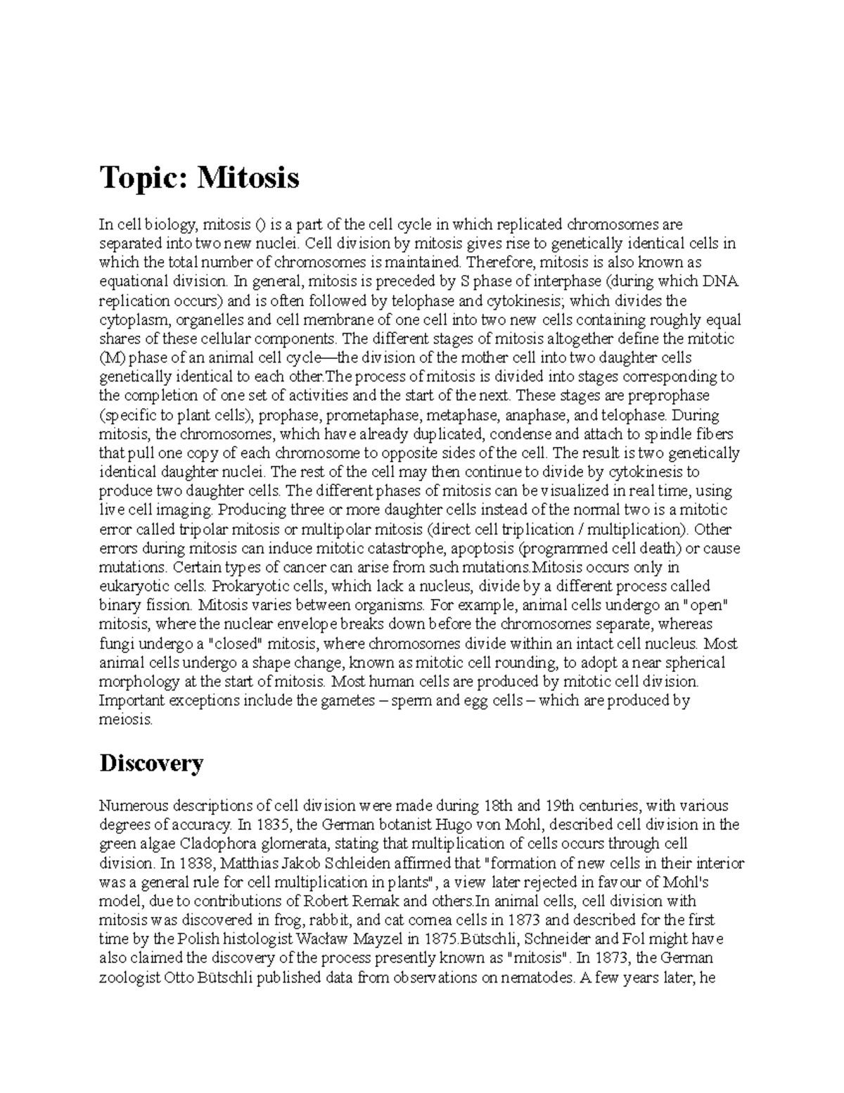 Mitosis - Assingment on the topic. - Topic: Mitosis In cell biology ...