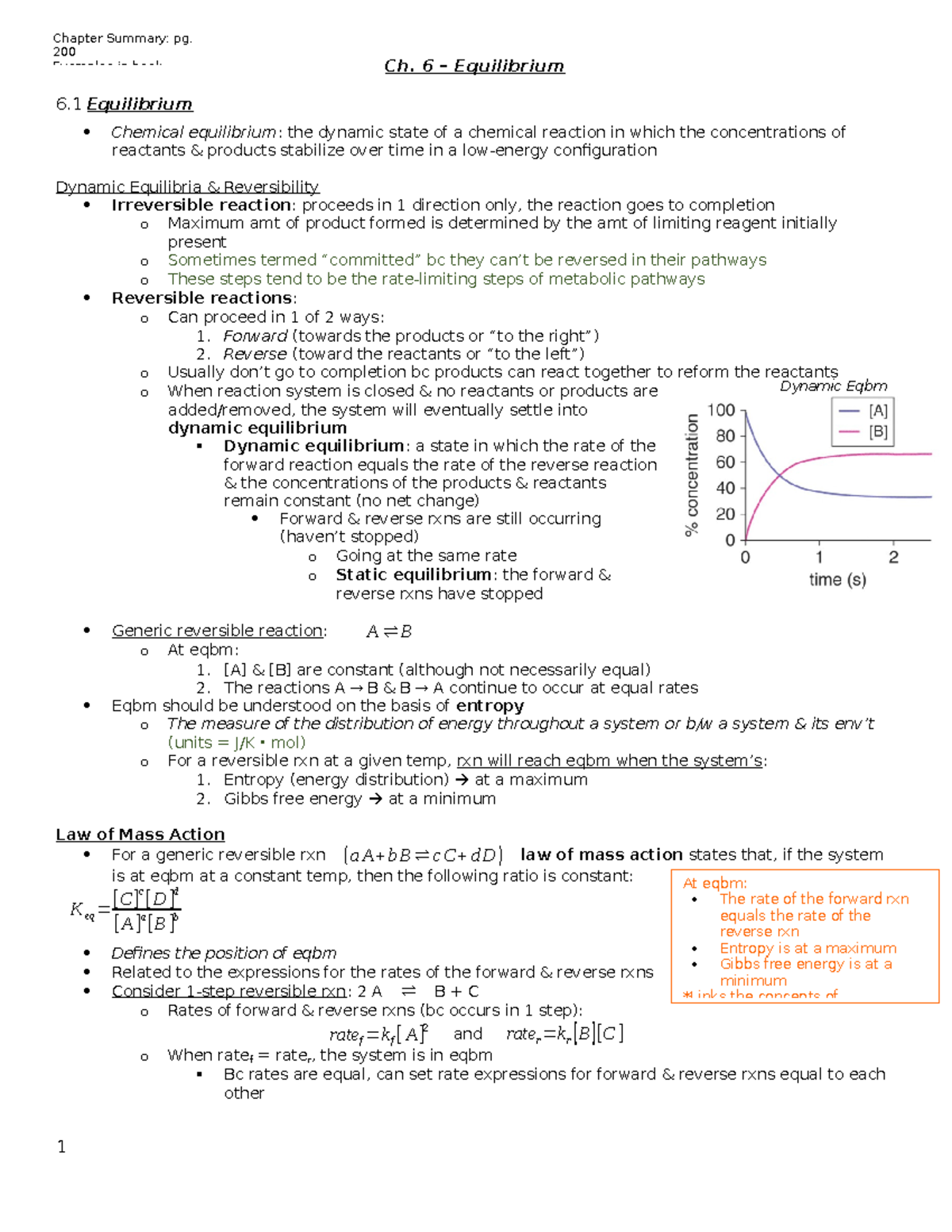 Equilibrium summary notes - Ch. 6 – Equilibrium 6 Equilibrium Chemical ...