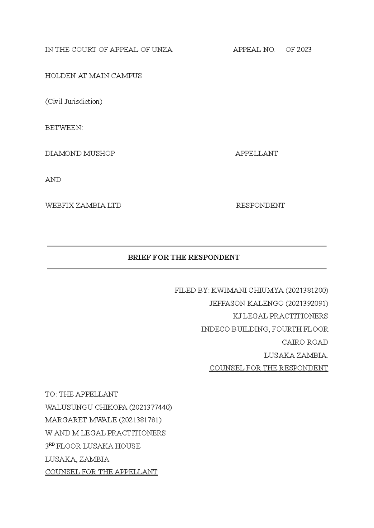 Untitled document - moot court brief example - IN THE COURT OF APPEAL ...