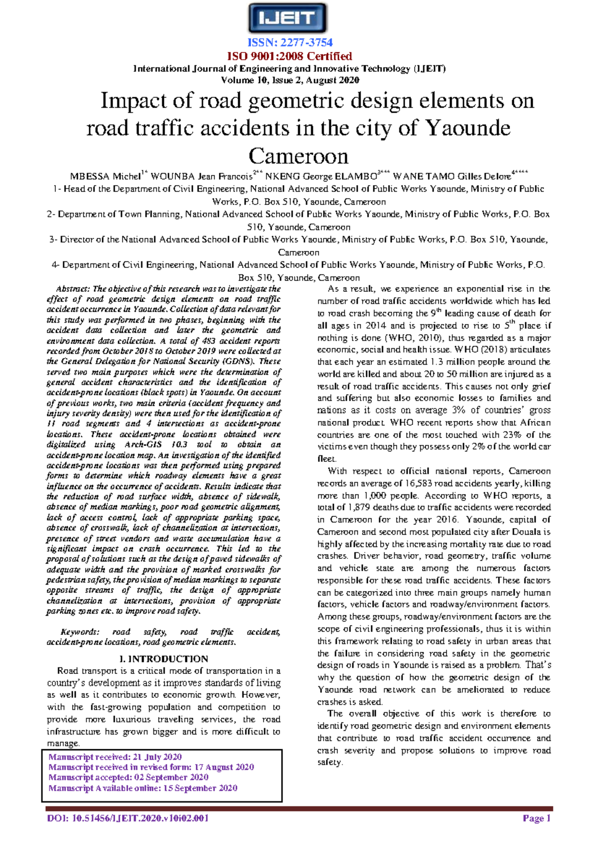 Impact of road geometric design elements - Box 510, Yaounde, Cameroon 2 ...