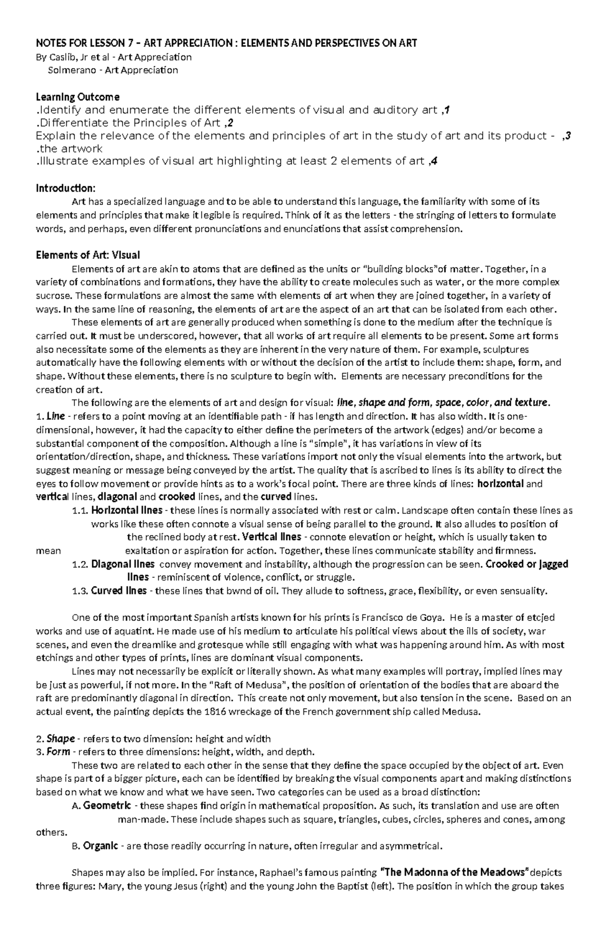 Notes 7 ON ART Appreciation Elements and Perspectives ON ART 1 - NOTES ...