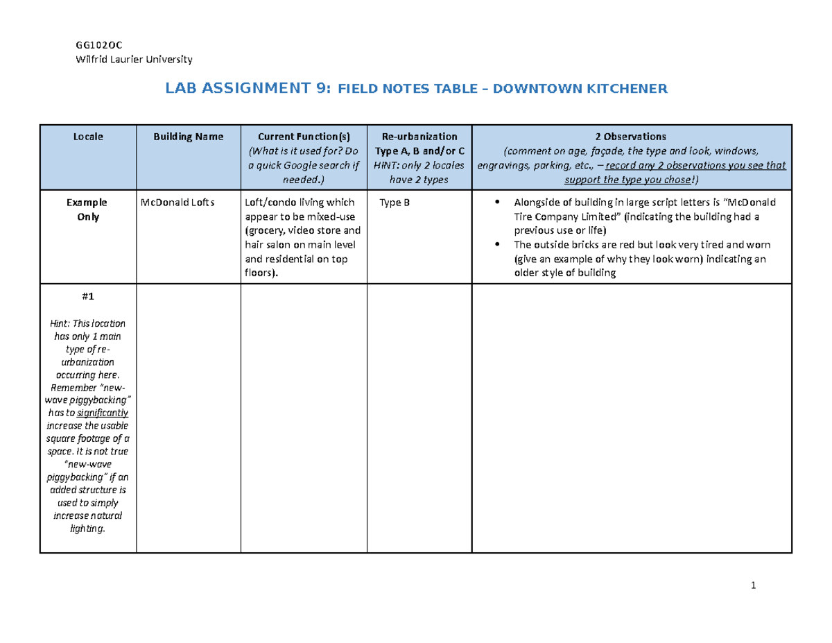 GG102OC Lab9-Field-Notes-Table - Wilfrid Laurier University LAB ...