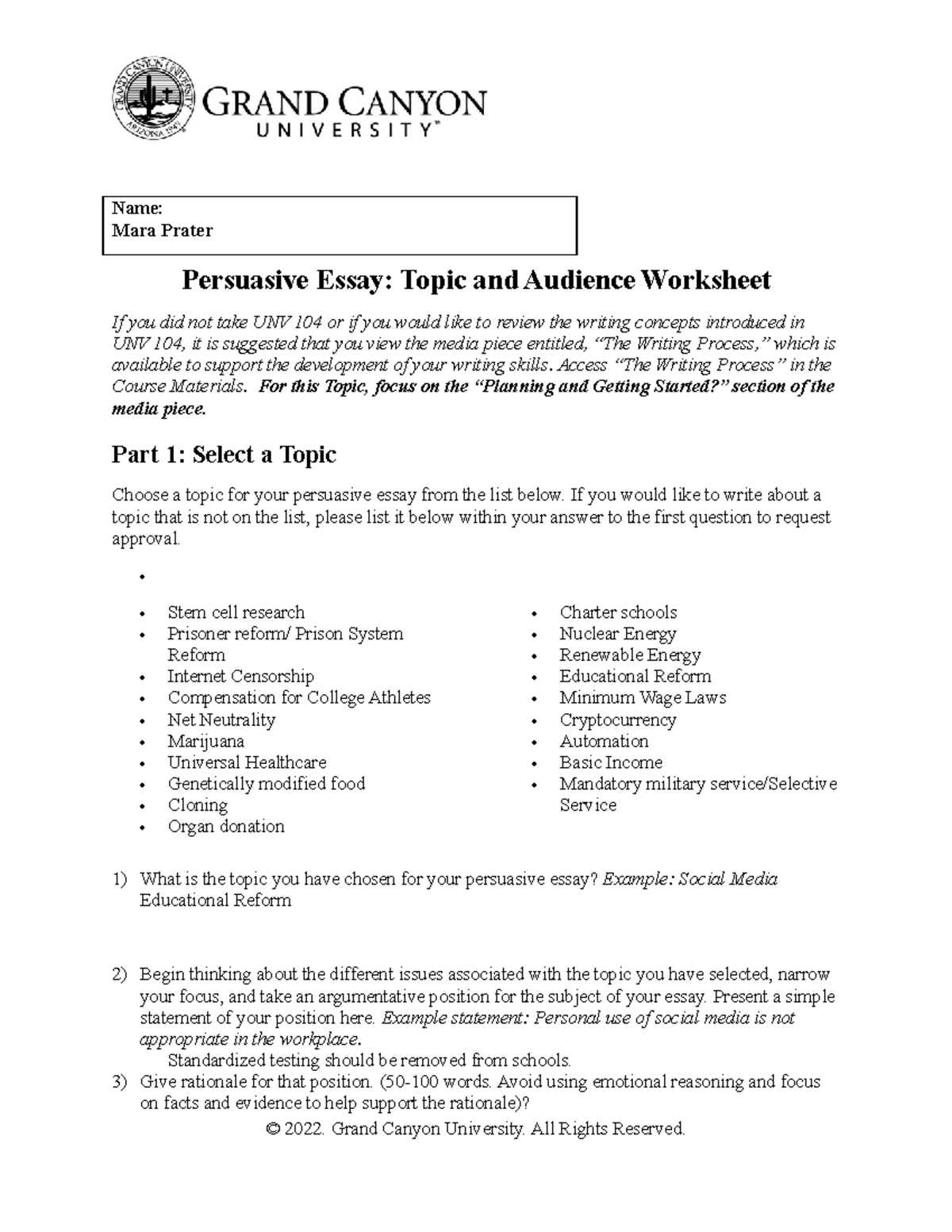 T1 Topicand Audience Worksheet PHI105 Persuasive Essay Planning 9 5 22 ...