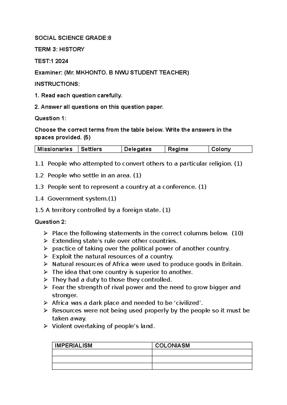 Grade-8 Social Sciencie TEST 1 - SOCIAL SCIENCE GRADE: TERM 3: HISTORY ...