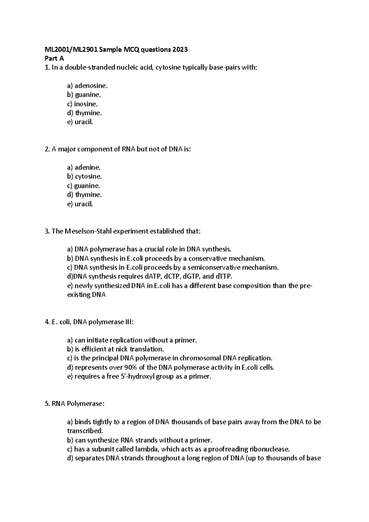Sample MCQ questions for ML2001 and ML2901 2023 - ML2001/ML2901 Sample ...