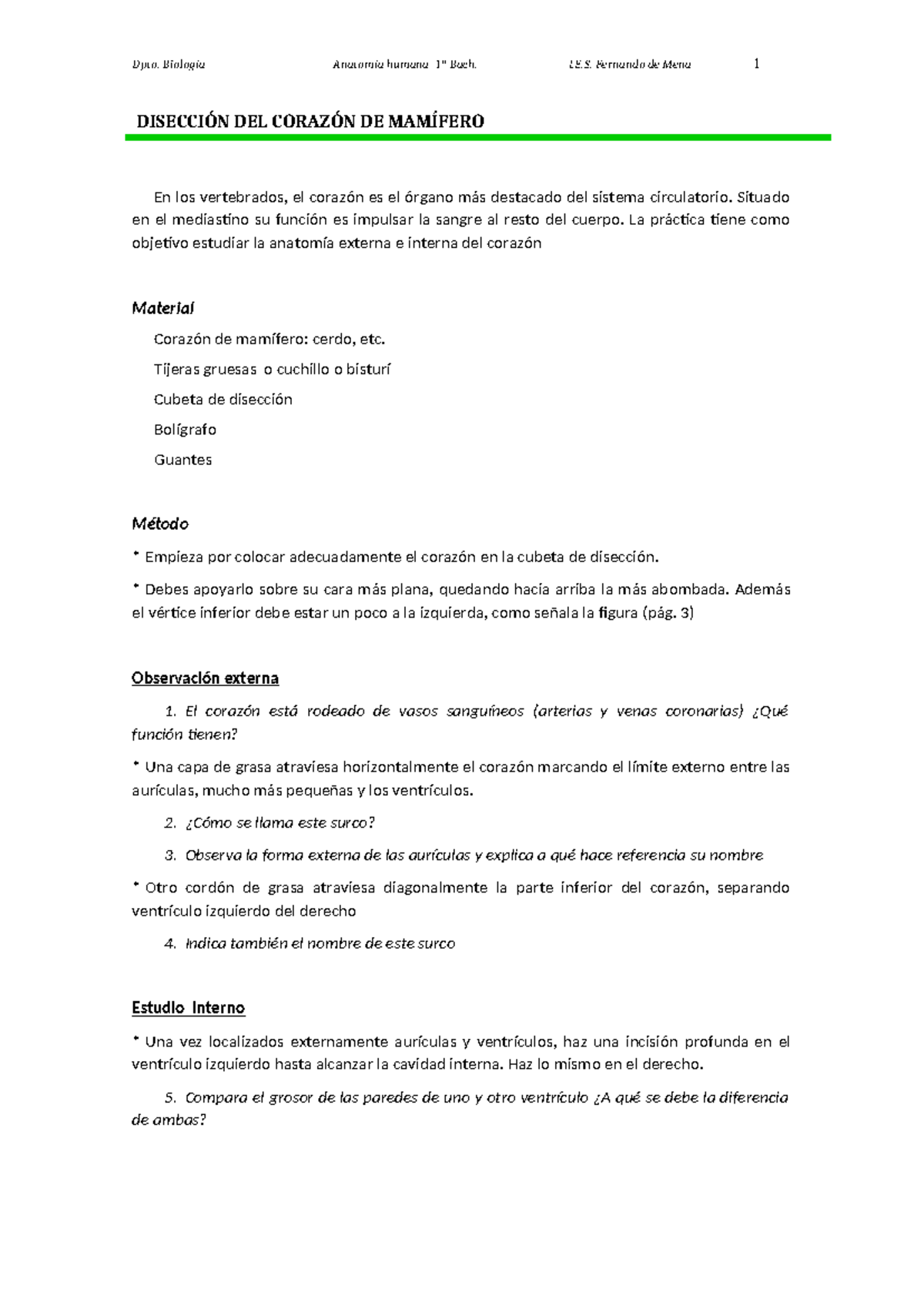 Disección del corazón - Dpto. Biología Anatomía humana 1º Bach. I.E ...