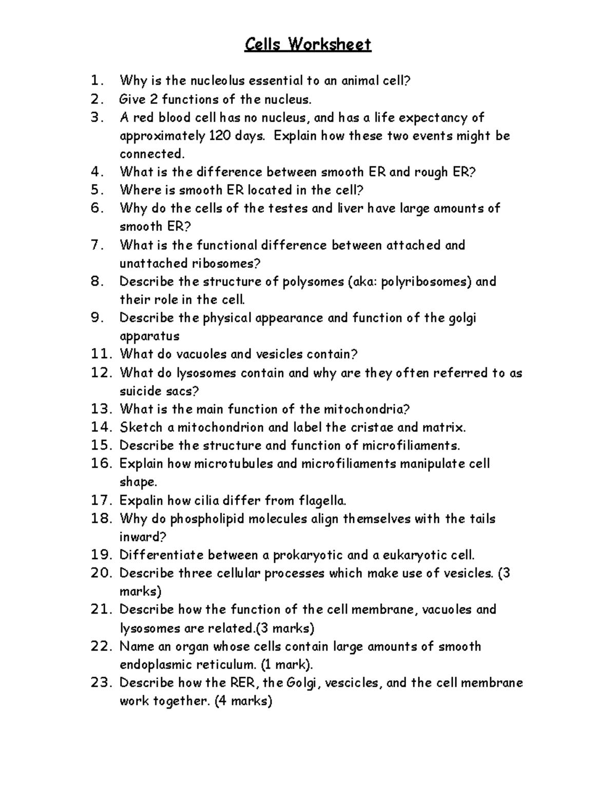 Cell Structure Worksheet - Cells Worksheet 1. Why is the nucleolus ...
