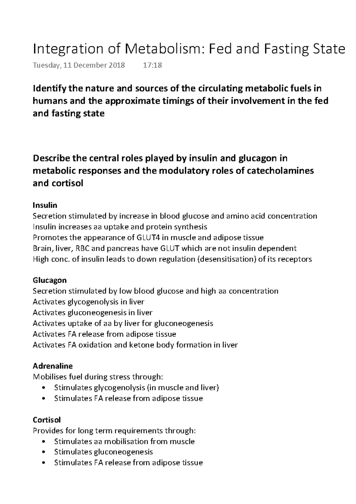 Integration of Metabolism: Fed and Fasting State - Studocu