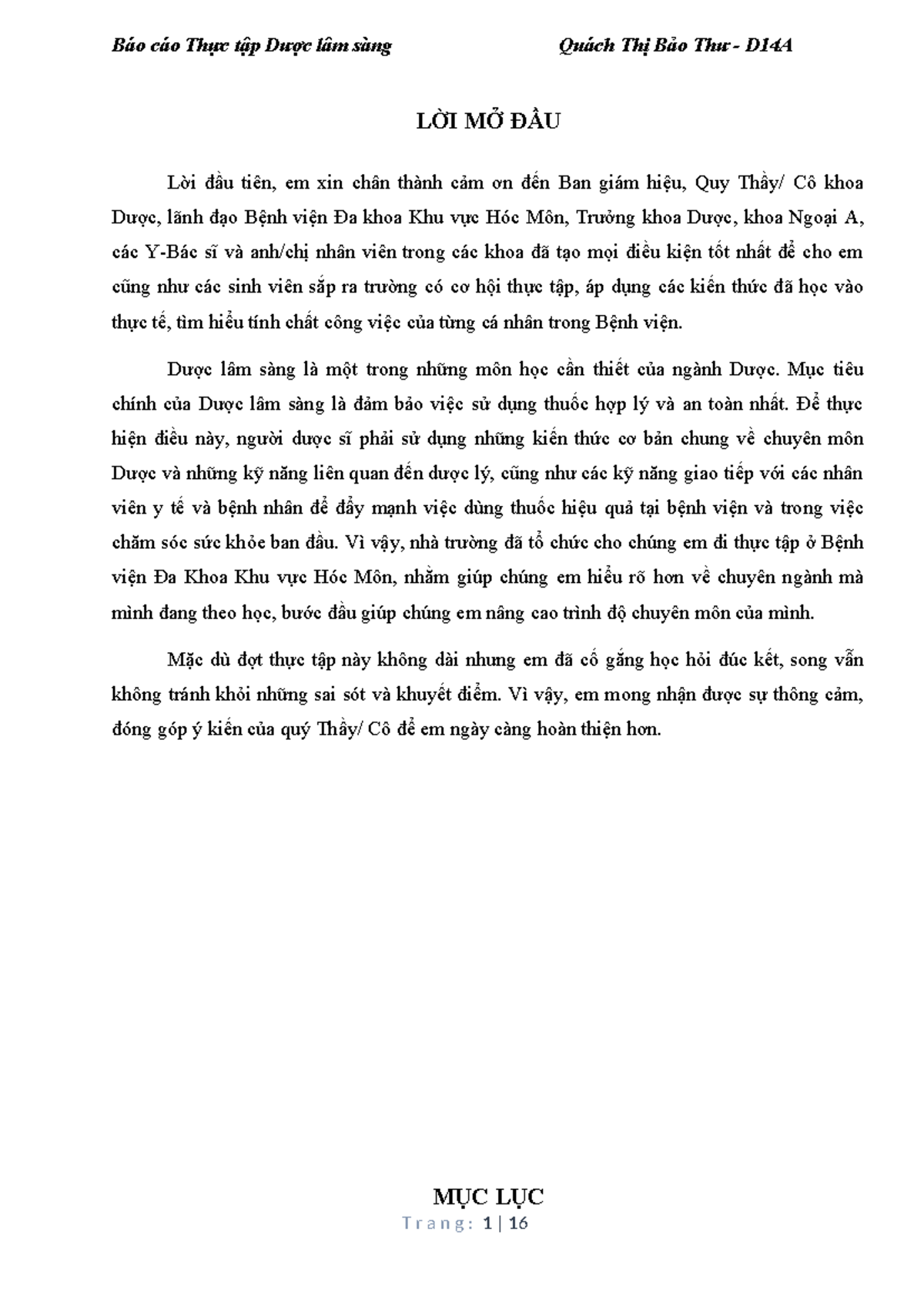 BCTT DLS Bao Thu - Bao cao - LỜI MỞ ĐẦU Lời đầu tiên, em xin chân thành cảm ơn đến Ban giám hiệu ...