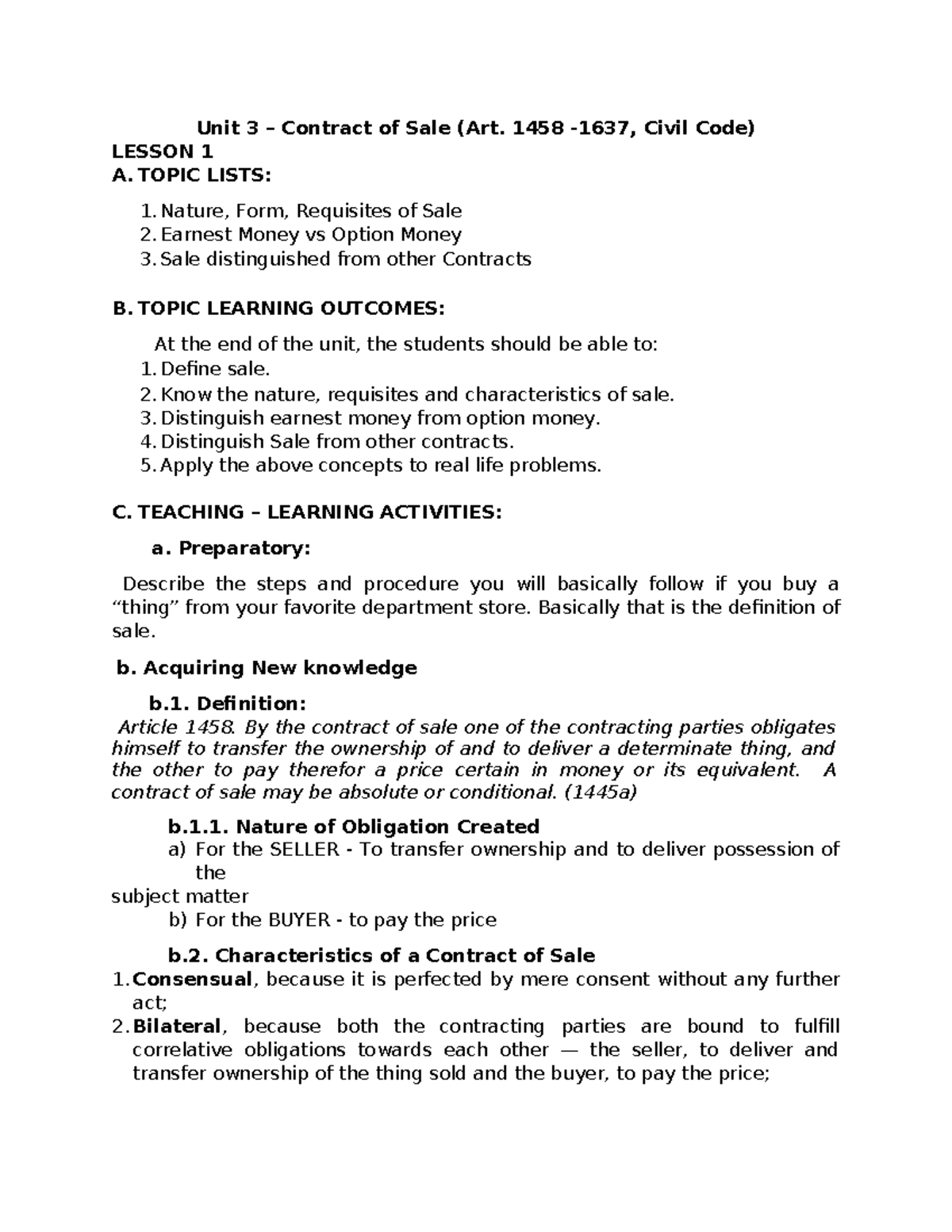 510102364 Lesson 1 Nature Form Requisites of Sale - Unit 3 – Contract ...