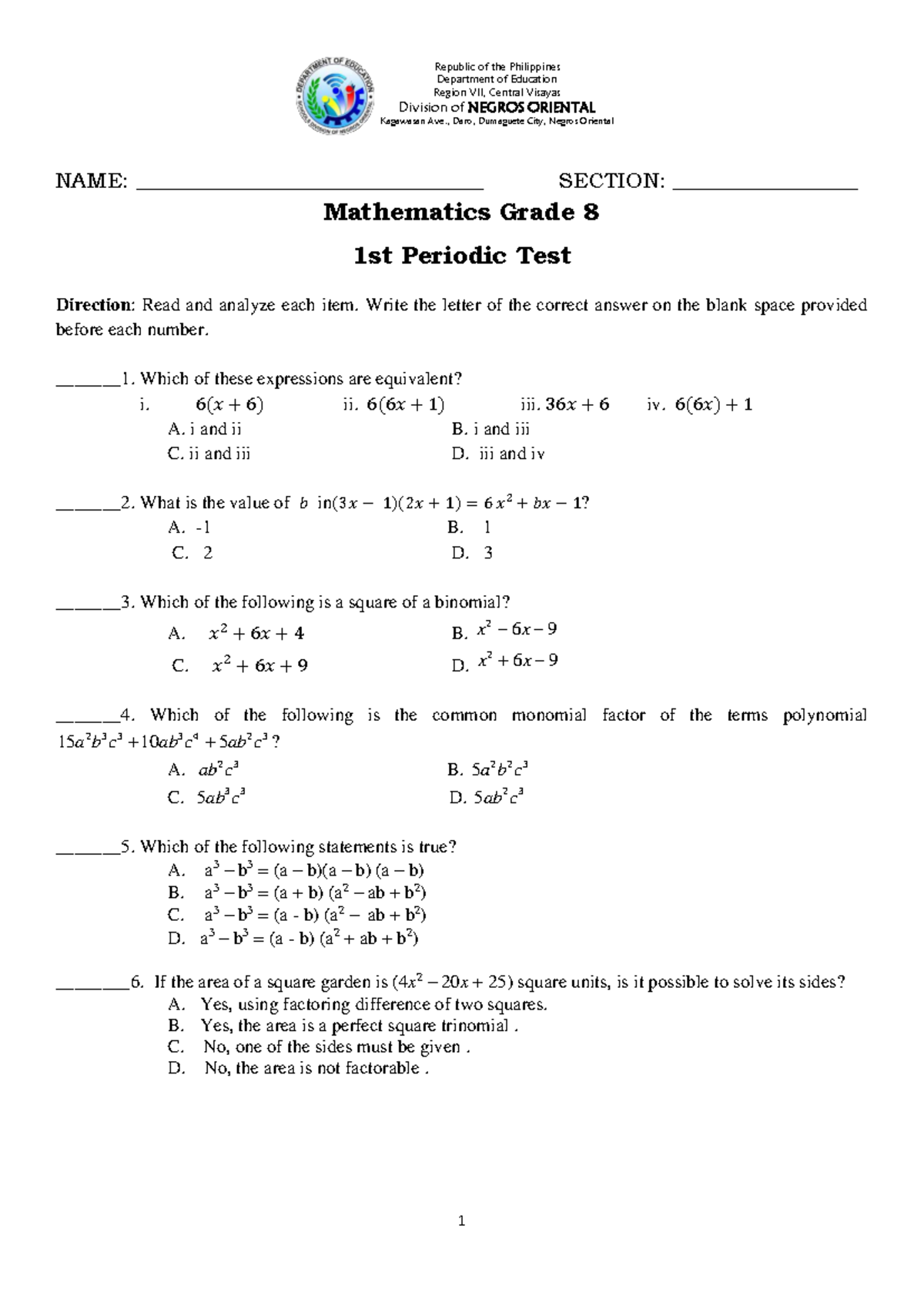 MATH-8- Quarter 1- Summative-TEST - NAME ...