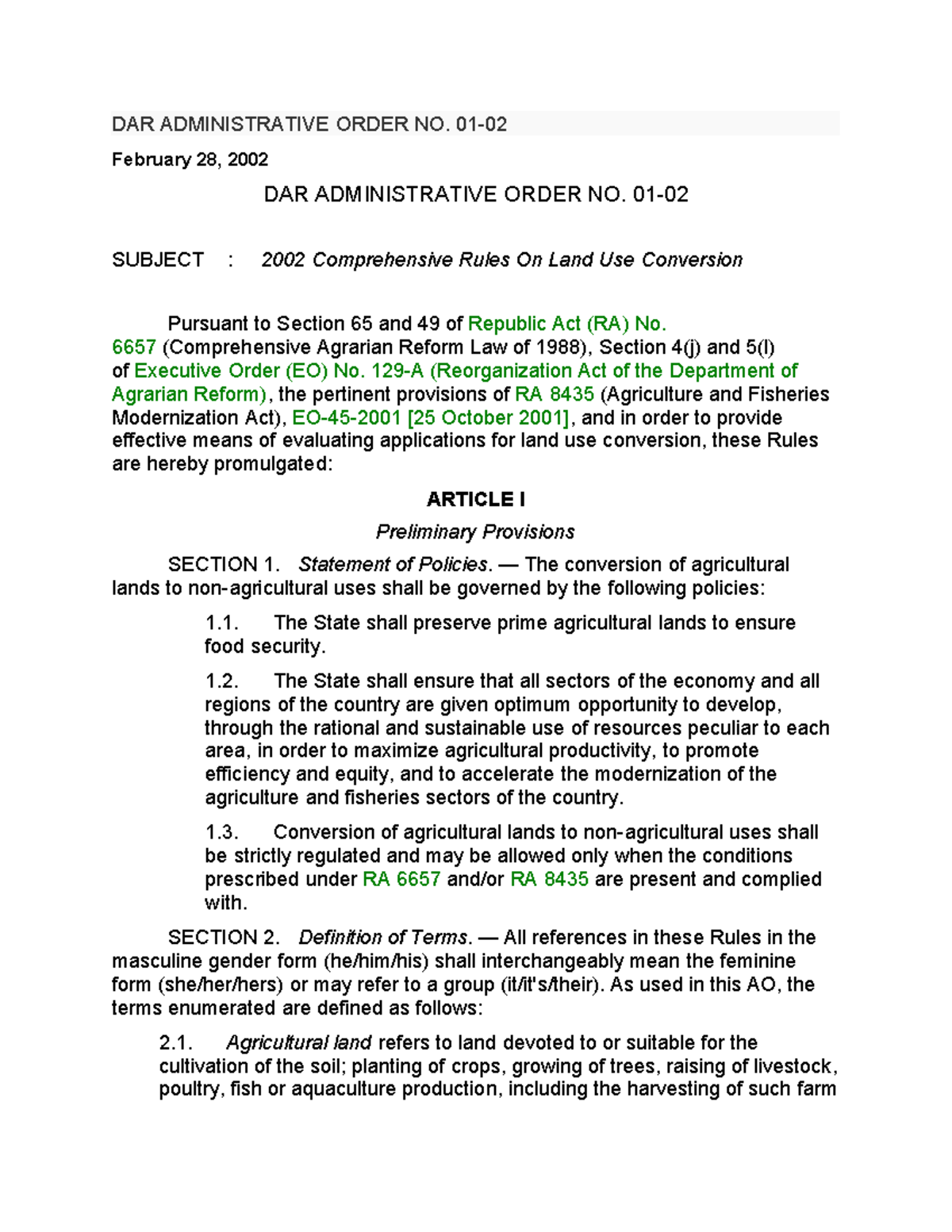 DAR Administrative Order NO - DAR ADMINISTRATIVE ORDER NO. 01- February ...