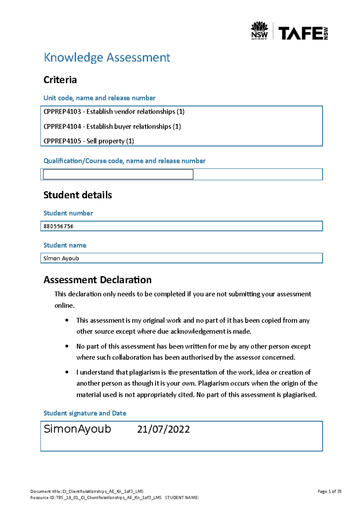 Cl Client Relationships AE Kn 1of3 LMS - Knowledge Assessment Criteria Unit code, name and ...
