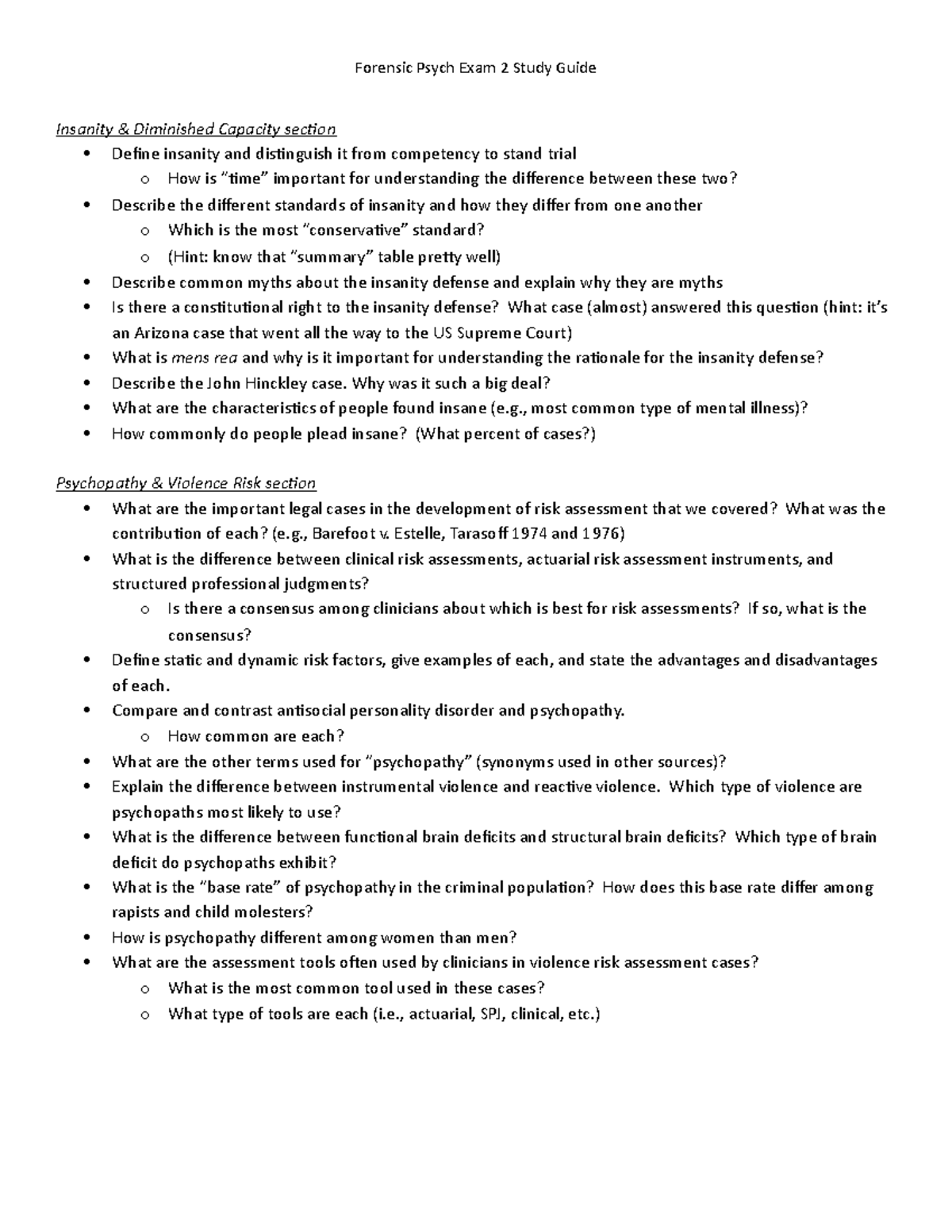 Exam 2 Study Guide-2 - Forensic Psych Exam 2 Study Guide Insanity ...