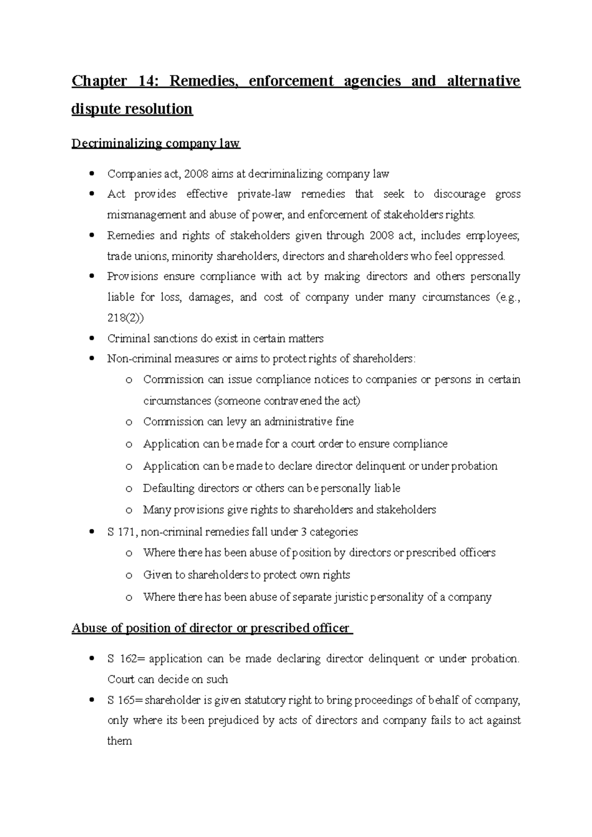 Business entities notes - Chapter 14: Remedies, enforcement agencies ...