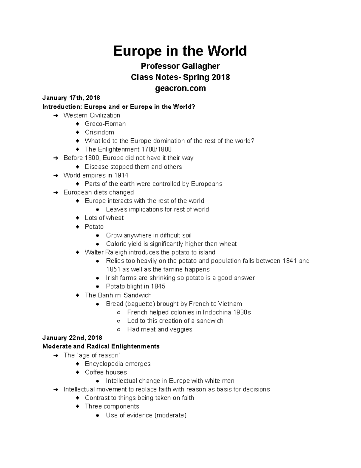 Europe in the World First half of the semester Class Notes - Europe in ...