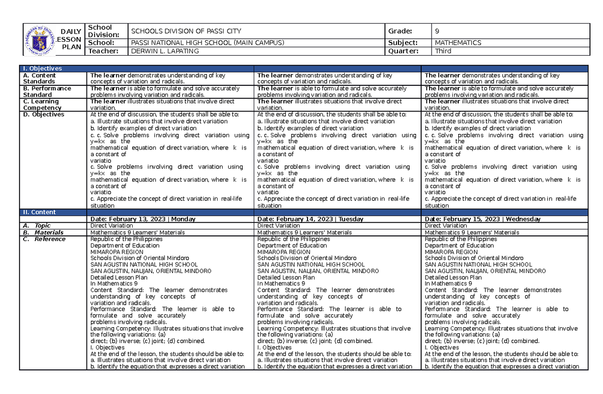 Daily Lesson PLAN - DAILY LESSON PLAN School Division: SCHOOLS DIVISION ...