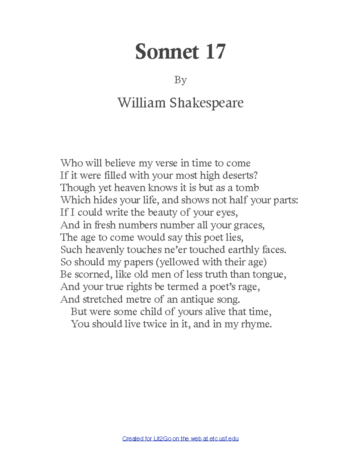 The sonnets 017 sonnet 17 - Sonnet 17 By William Shakespeare Who will ...