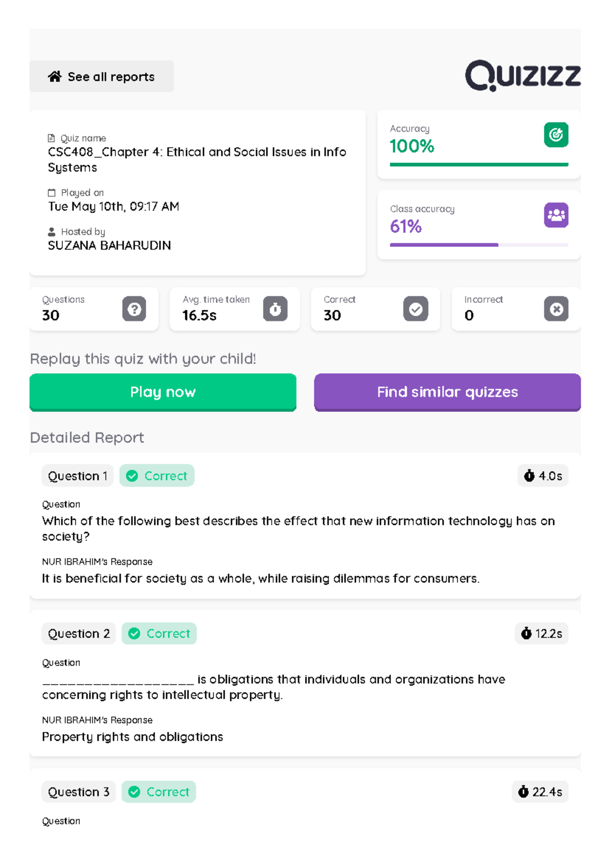 Quizizz chapter 4 - See all reports CSC408_Chapter 4: Ethical and ...
