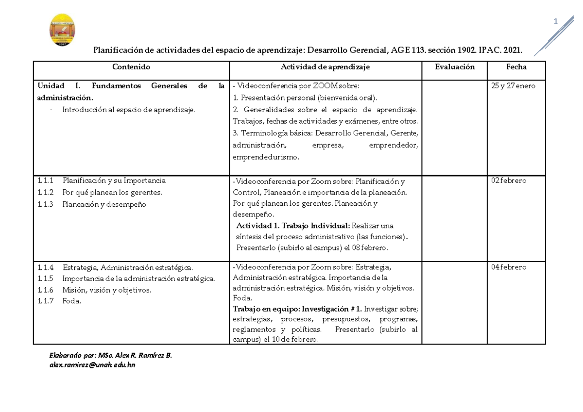 Planificación (Alumnos) de actividades del período, AGE 113, sección ...